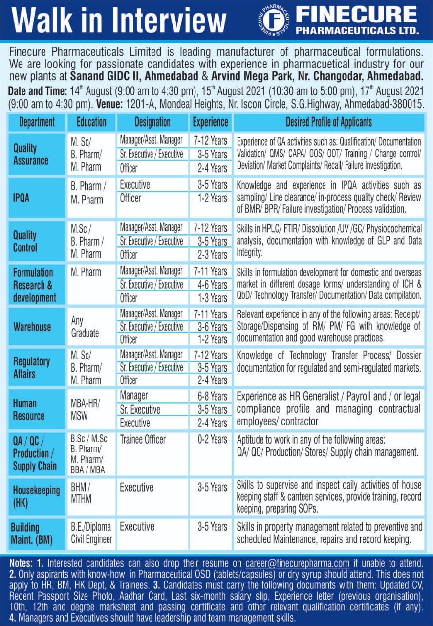Finecure Pharmaceuticals - Walk-Ins for Multiple Positions in ...