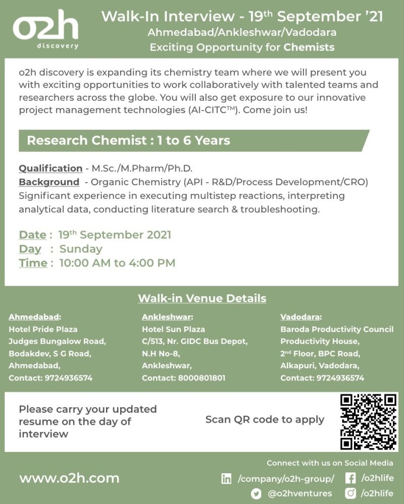 o2h discovery - Walk-In Interviews on 19th Sep' 2021 @ Ahmedabad ...