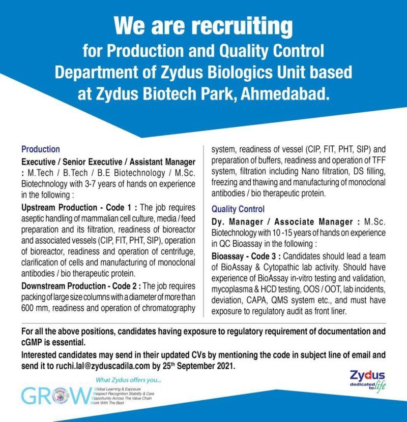 Zydus Biologics - Multiple Openings for Production / Quality Control ...