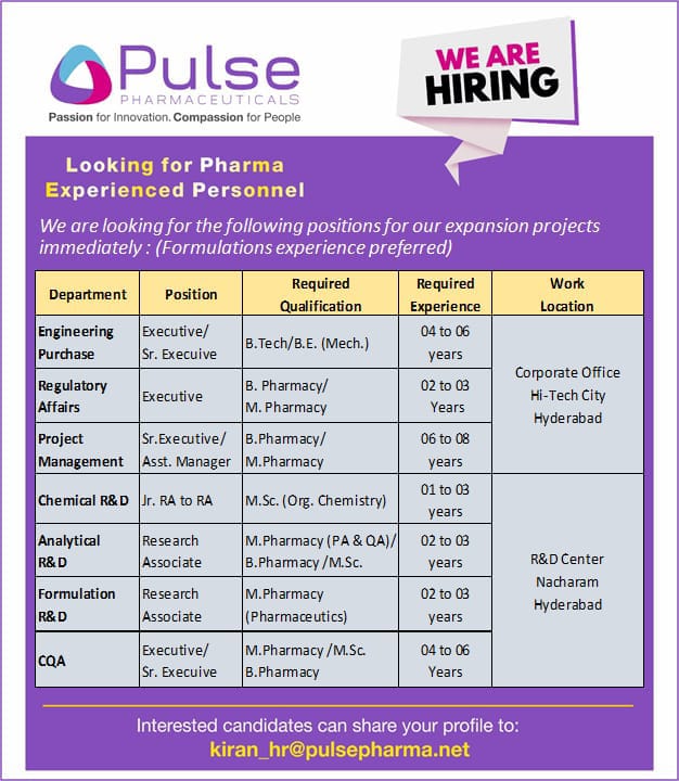 Pulse Pharmaceutical Ltd - Multiple Openings in Project management ...