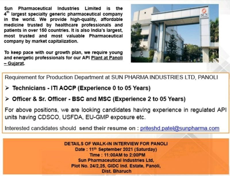 Sun Pharma - Walk-In Interviews for Freshers & Experienced Candidates ...