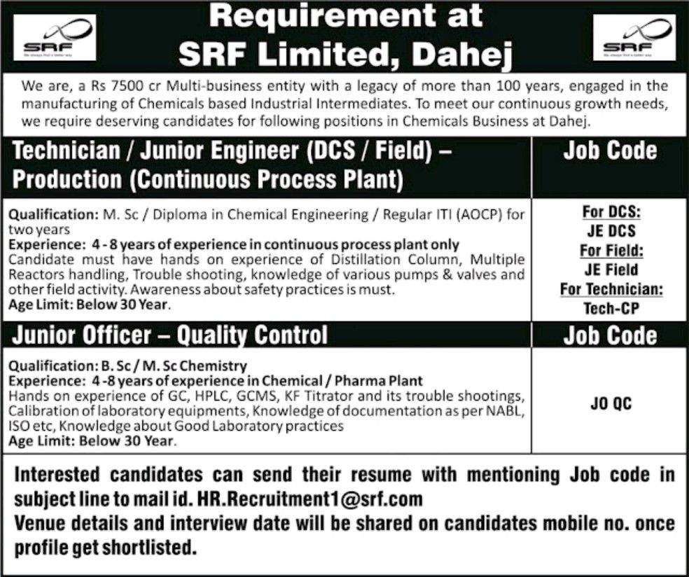 SRF Limited - Urgent Recruitment for Production / Quality Control ...