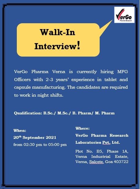 VerGo Pharma - Walk-Ins for B.Sc / M.Sc / B.Pharm / M.Pharm Candidates ...