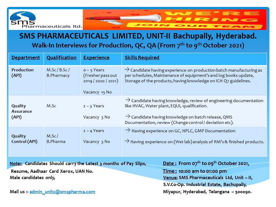 SMS Pharmaceuticals Ltd - Walk-In Interviews for Production / QC / QA ...