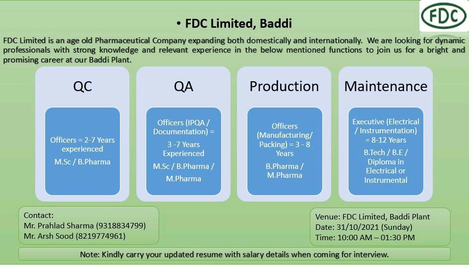FDC Limited - Walk-In Interviews for QC / QA / Production / Maintenance ...