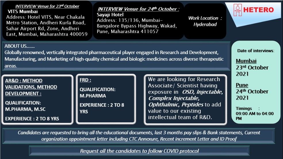 Hetero Labs Limited - Walk-In Interviews on 23rd - 24th Oct' 2021 ...