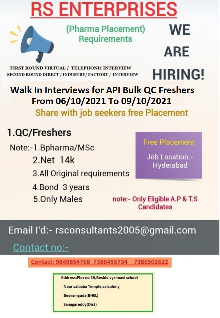 Walk-In Interviews for FRESHERS – Quality Control on 6th to 9th Oct ...