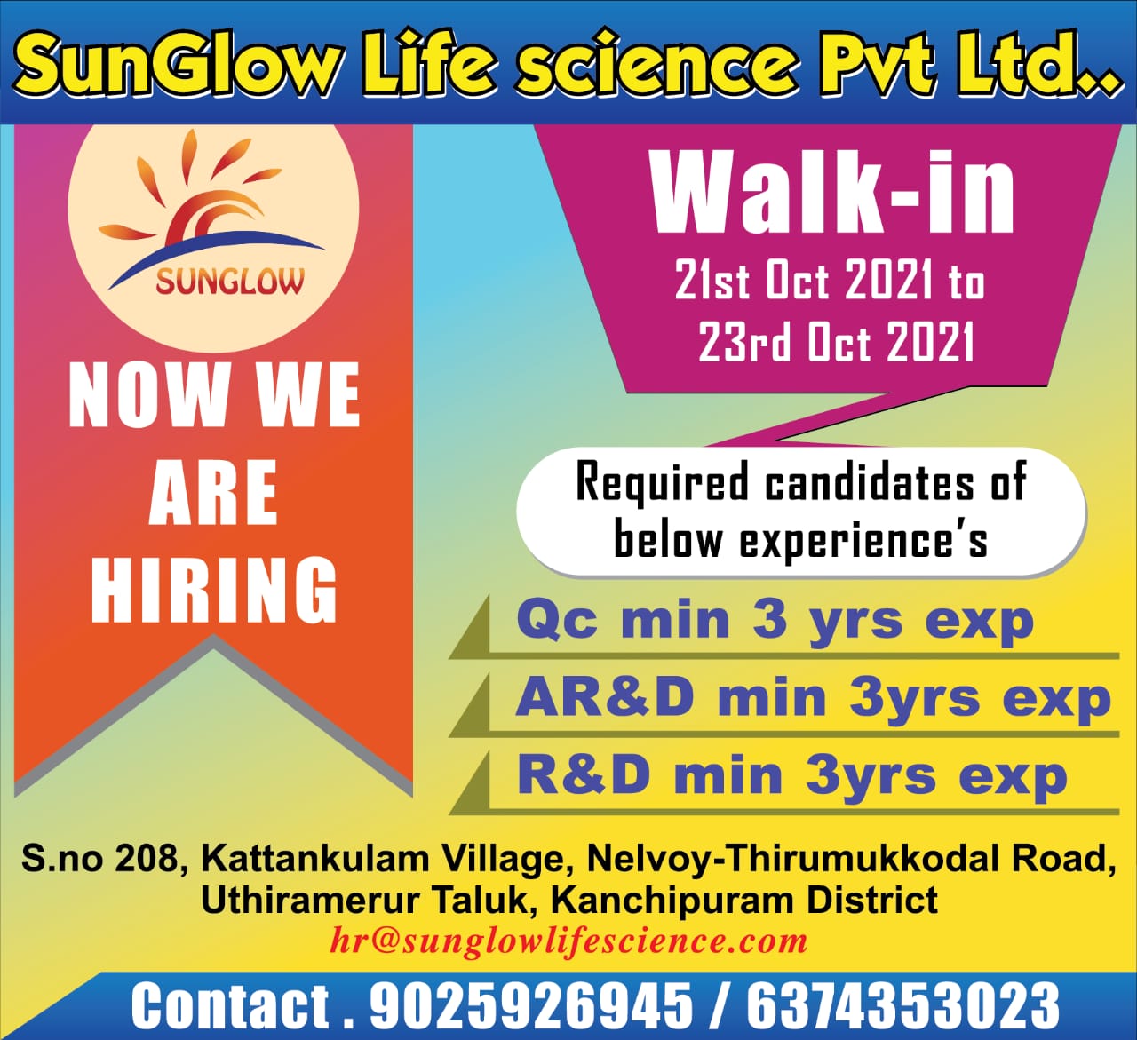 SunGlow Lifescience Pvt. Ltd - Walk-In Interviews for QC / AR&D / R&D ...