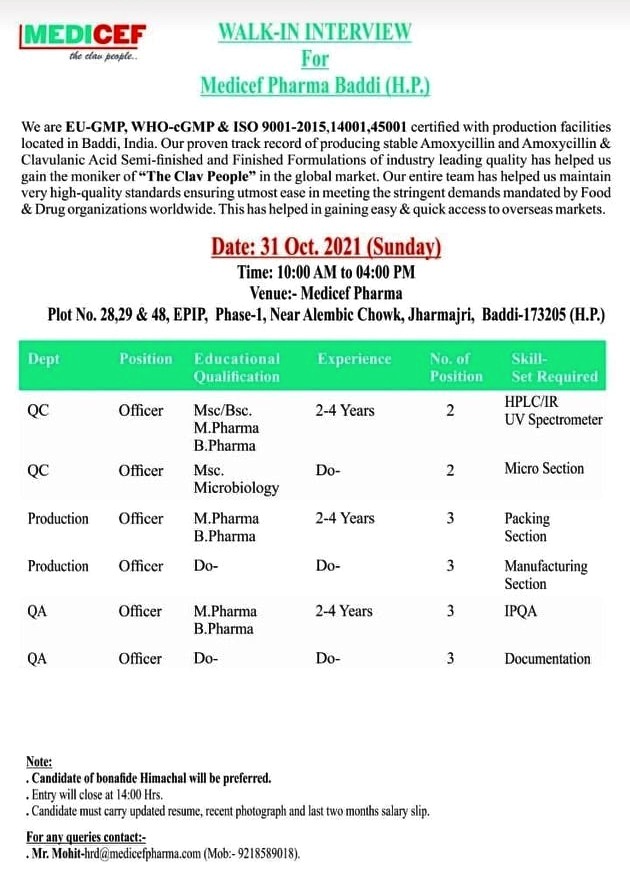 Medicef Pharma - Walk-In Interviews for QC / QA / Production on 31st ...
