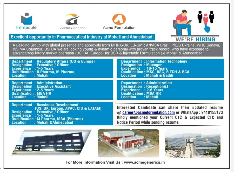 Acme Formulation Pvt. Ltd - Hiring for Regulatory Affairs / IT / Administration / Business ...
