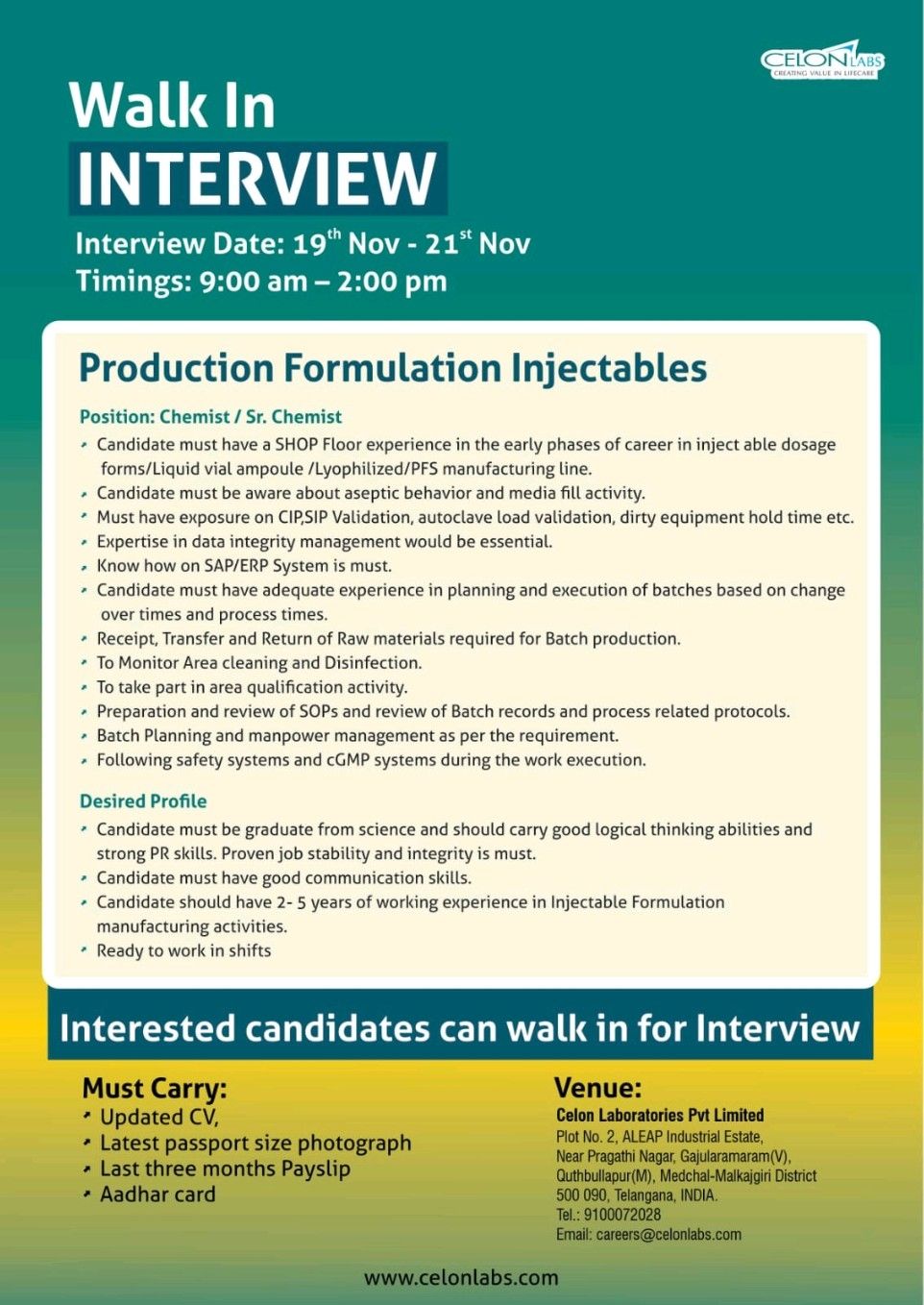 Celon Laboratories Pvt. Ltd - Walk-In Interviews for Production on 19th ...