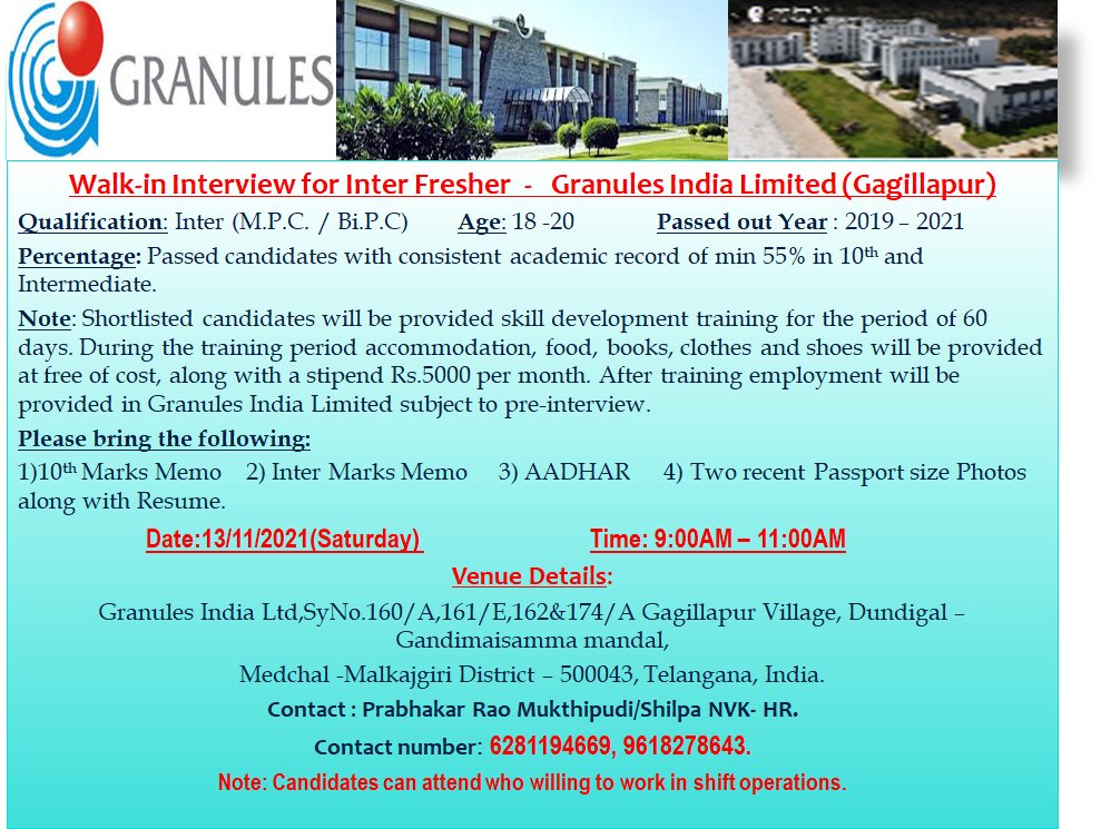 Granules India Limited – Walk-In Interviews for FRESHERS on 13th Nov ...