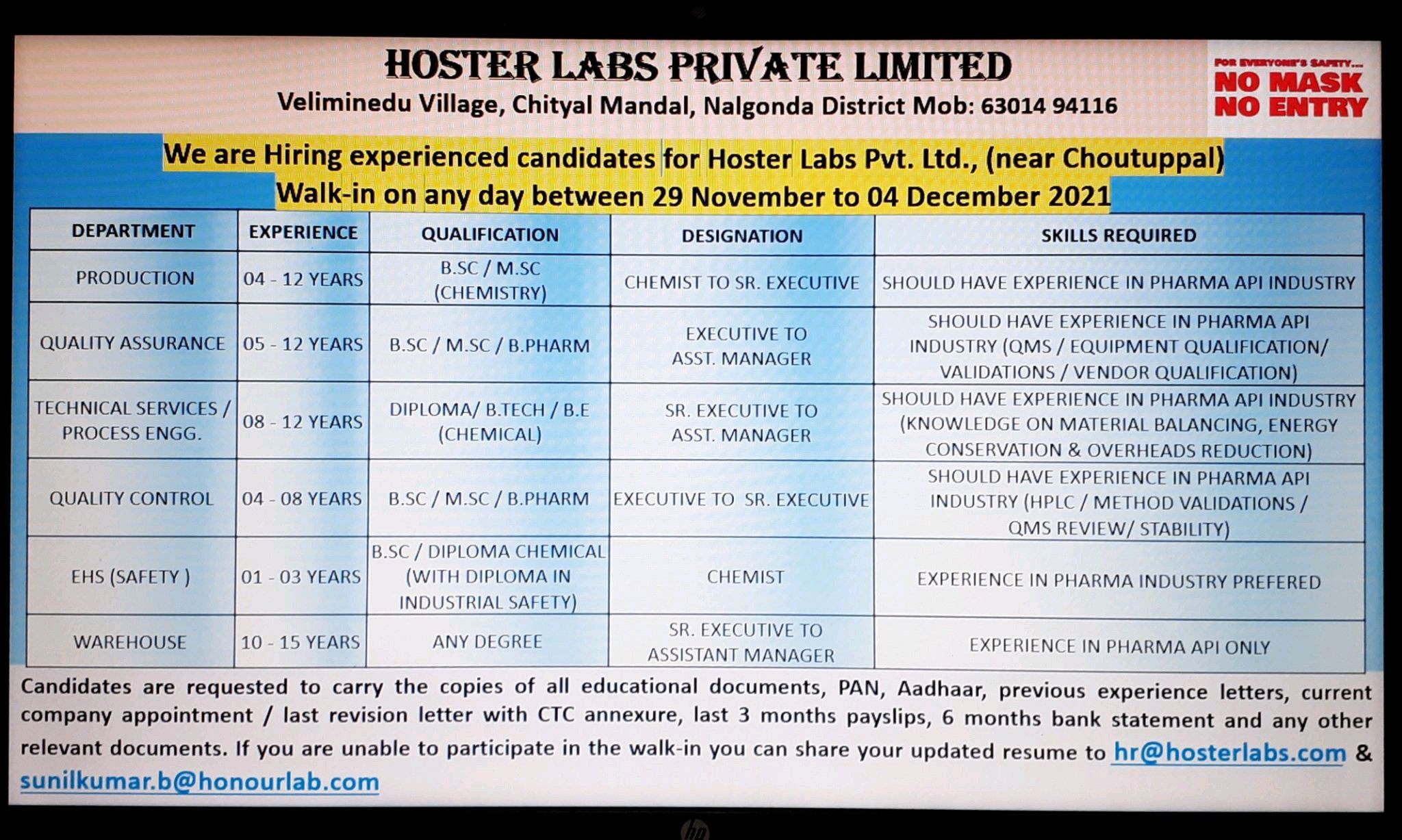Hoster Labs Pvt. Ltd - Walk-Ins for QC / QA / Production / EHS ...