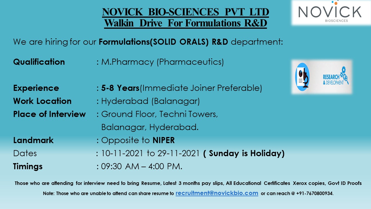 Novick Bio-Sciences - Walk-In Interviews for Formulation R&D on 10th to ...