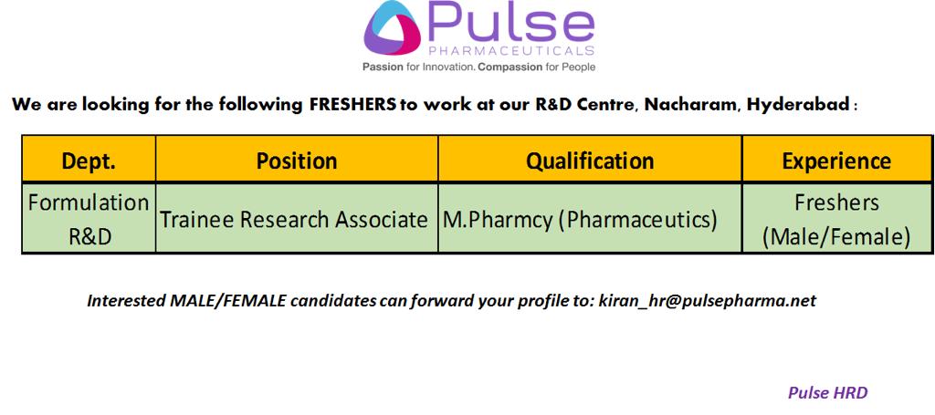 Pulse Pharmaceutical Ltd - Urgent Hiring FRESHERS for Formulation R&D ...