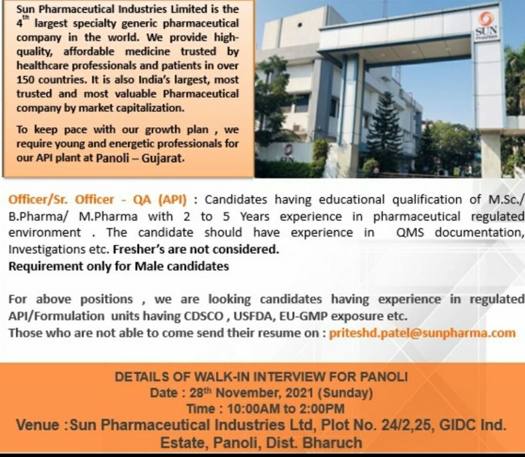 SUN PHARMA - Walk-In Interviews for Quality Assurance on 28th Nov' 2021 ...