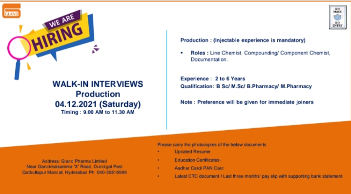 Gland Pharma Limited - Walk-Ins for Experienced B.Sc, M.Sc, B.Pharm, M ...