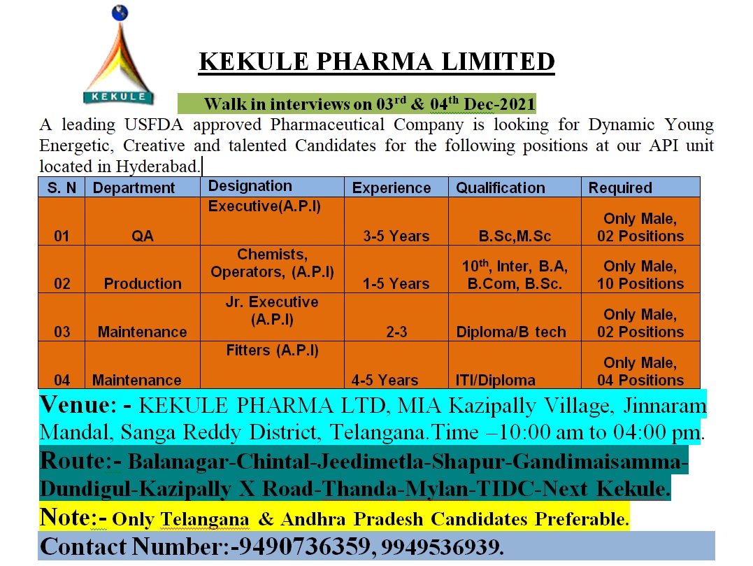 KEKULE PHARMA LTD - Walk-In Interviews for Production / Quality ...