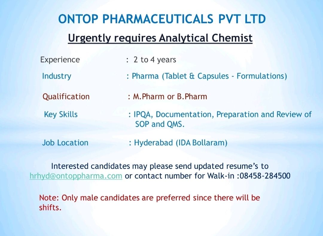 Ontop Pharmaceuticals - Urgently Requires M.Sc, M.Pharm, B.Sc, B.Pharm ...