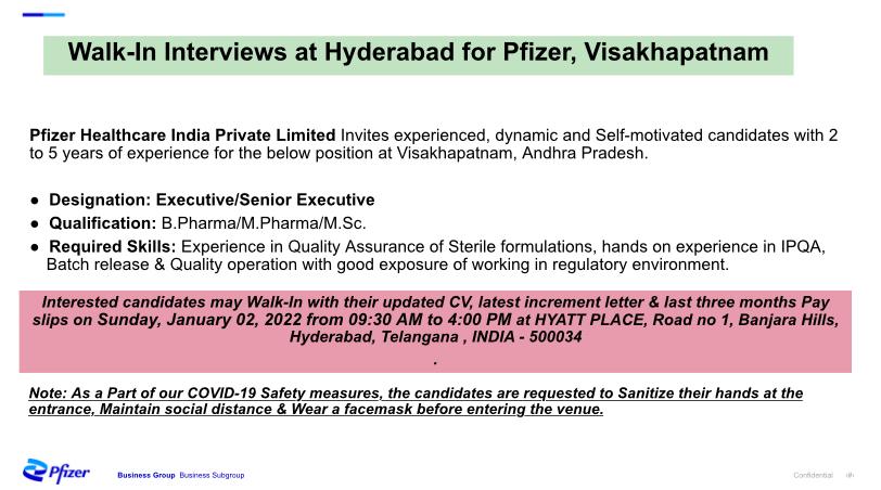 Pfizer Healthcare India Pvt. Ltd - Walk-In Interviews on 2nd Jan' 2022 ...