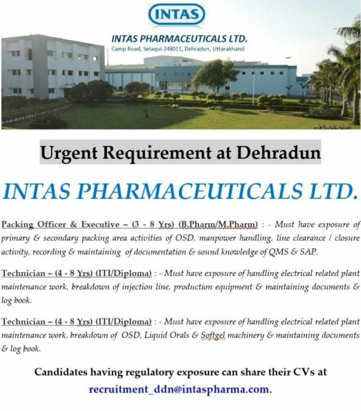 Intas Pharmaceuticals - Hiring for Officer / Executive / Technician in ...