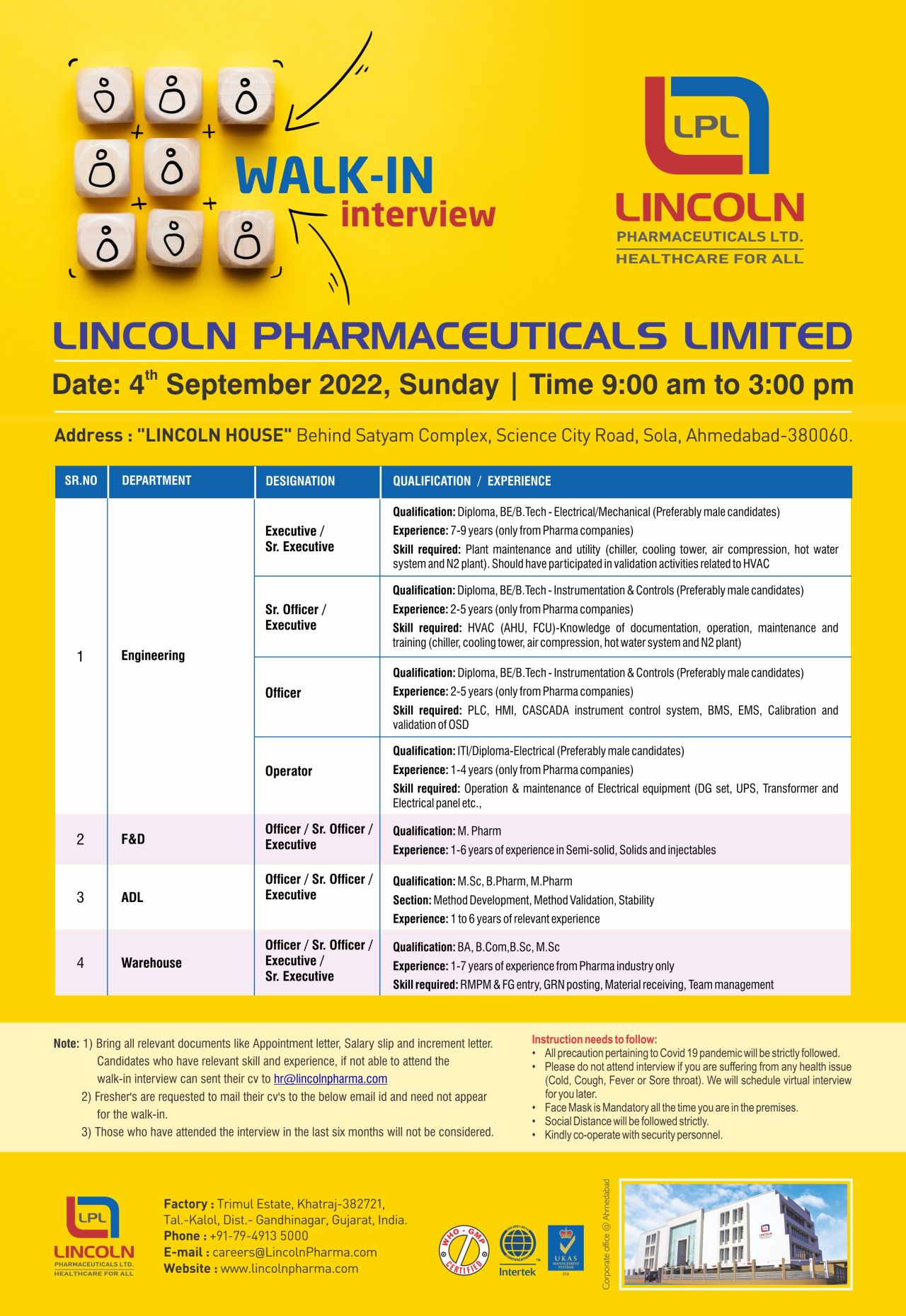 Production,Packing,ADL,QC,QA,F&D,Warehouse,Engineering Dept Walk In On ...