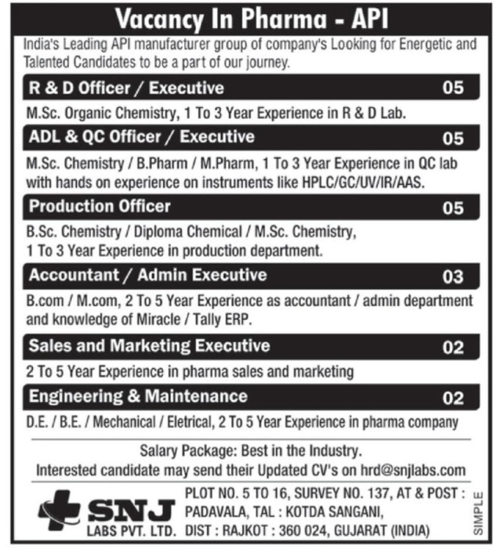 SNJ Labs Pvt. Ltd - Multiple Vacancy for R&D / ADL / QC / Production / Account / Sales ...