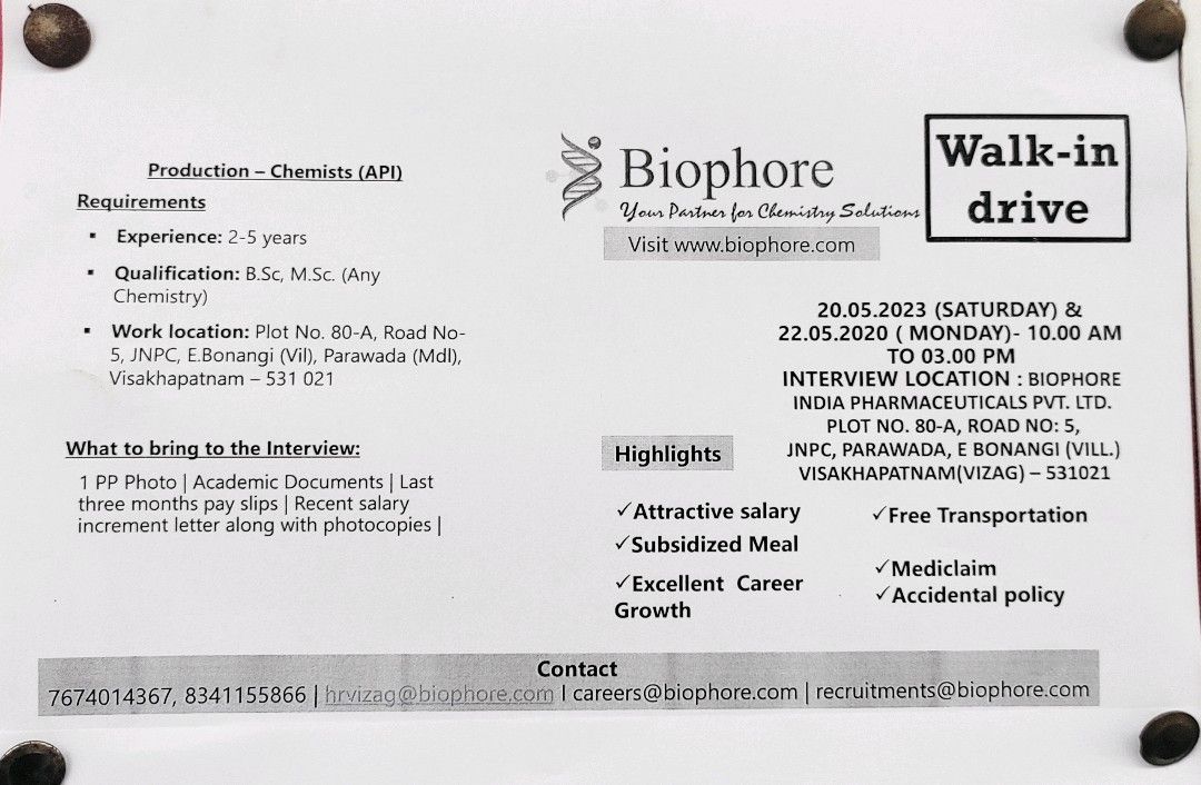Biophore- Walk-In on 20th & 22nd May 2023 - Pharmawisdom.co.in