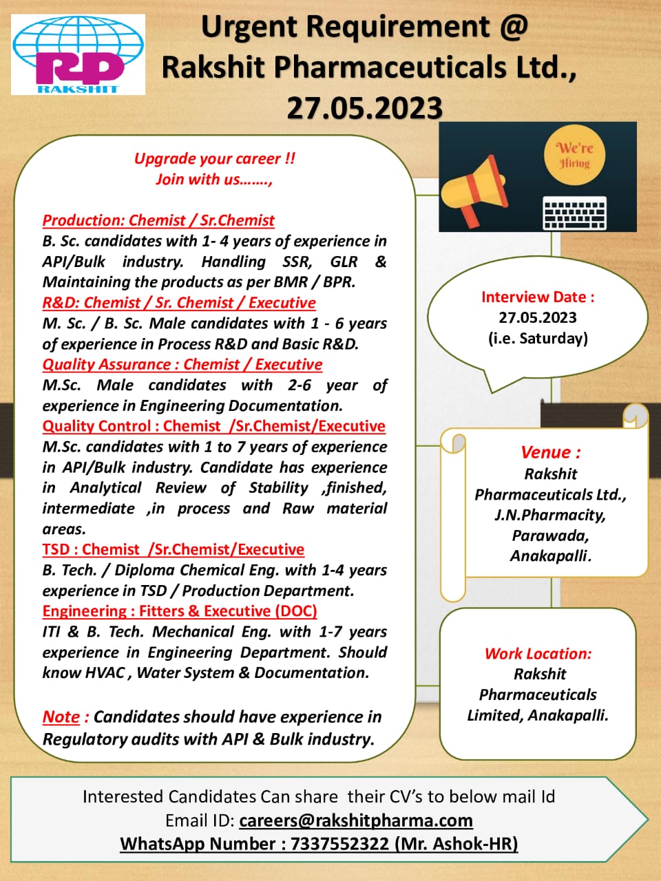 Rakshit Pharmaceuticals- Walk-In on 27th May' 2023 for QA / QC ...