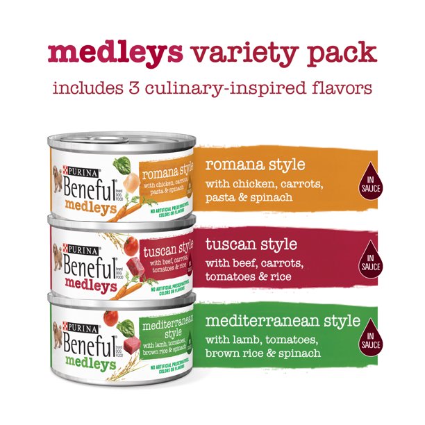Purina Beneful Medleys Wet Dog Food Variety Pack Chicken Lamb Beef, 12 ...