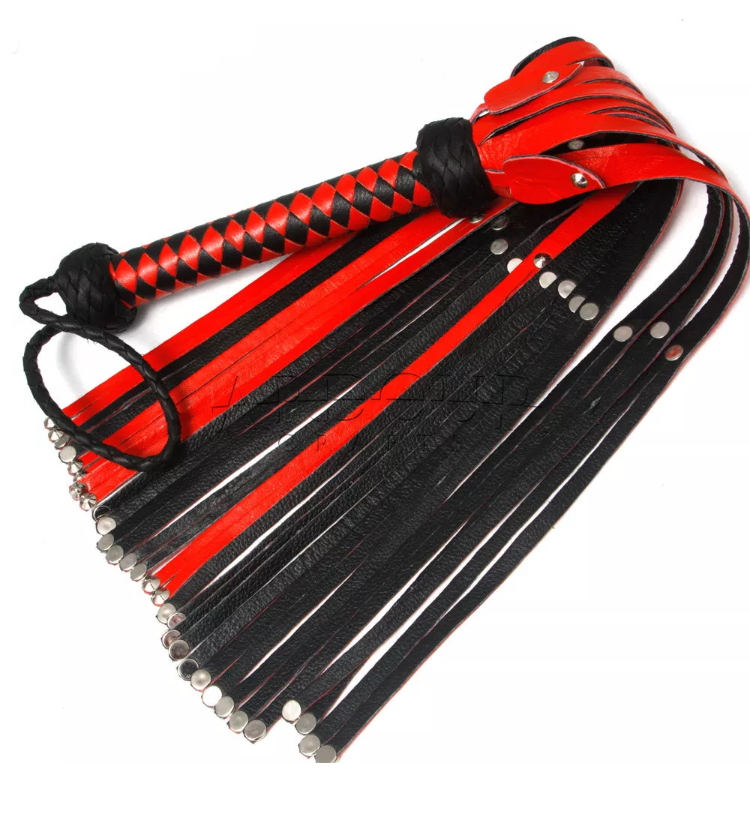 Handmade Black/Red Heavy Duty Leather Flogger with 25 Studded Tails ...