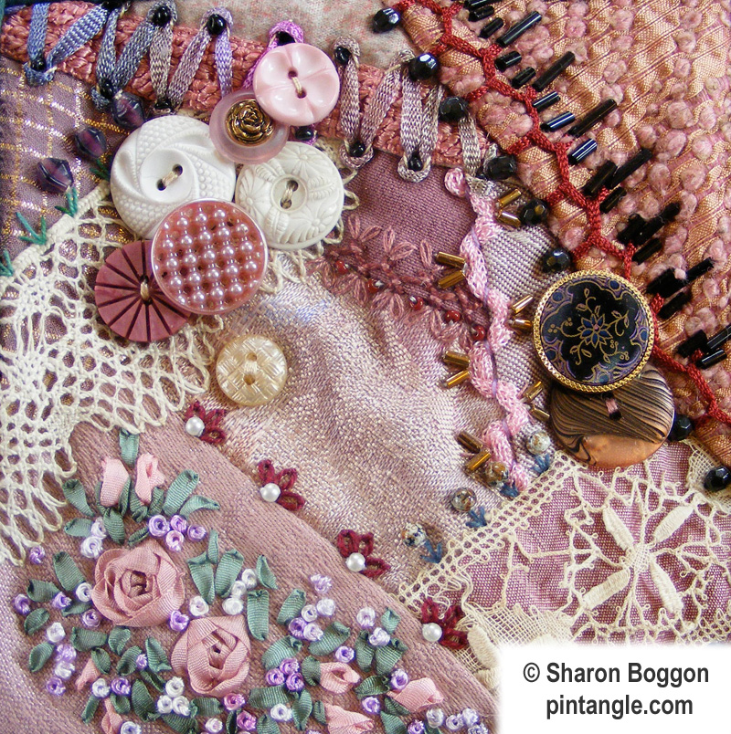 Crazy Quilt Block 79 on the I Dropped the Button Box Quilt - Pintangle