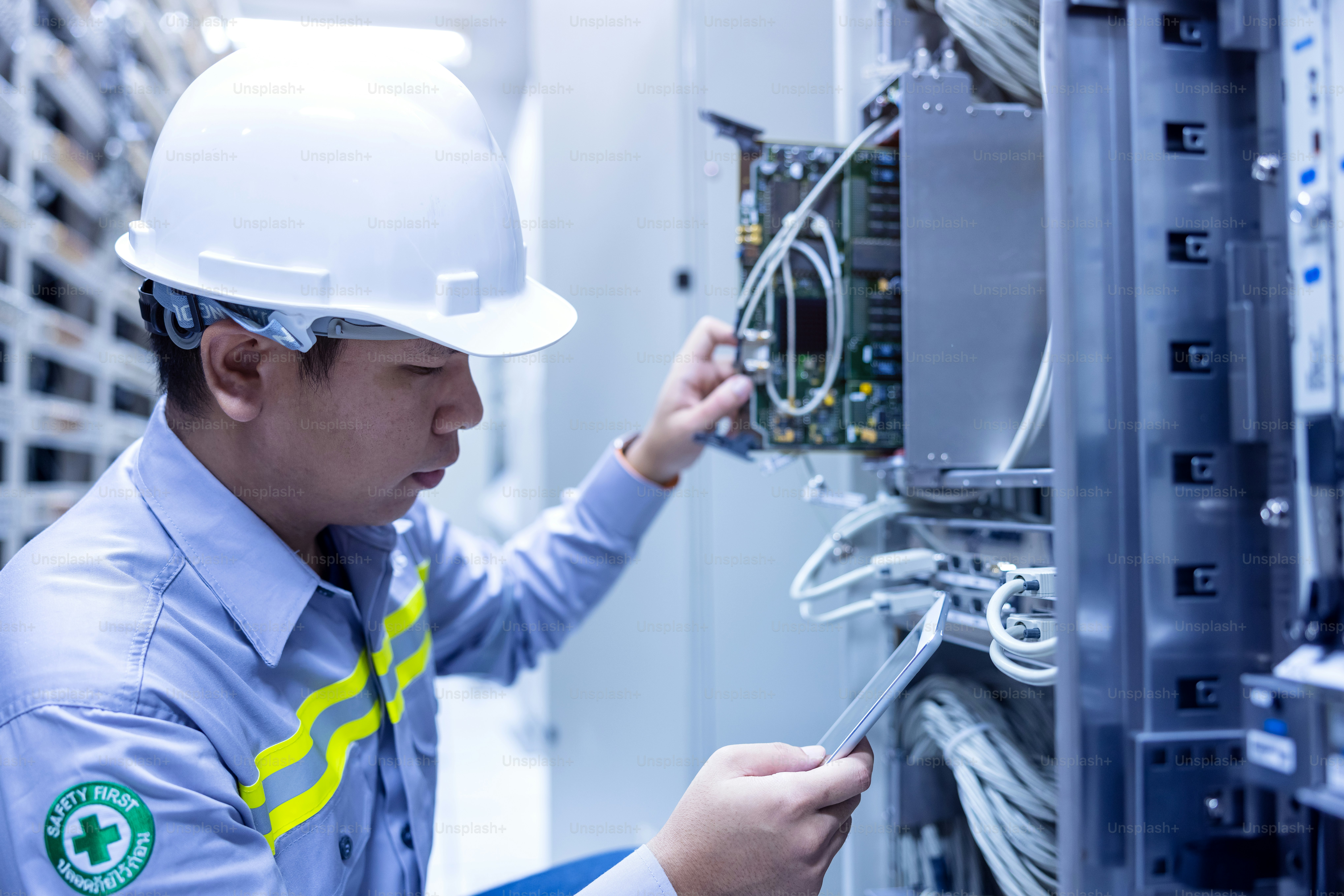 Technician Using Digital Tablet In Server Room Repair Card Mainboard
