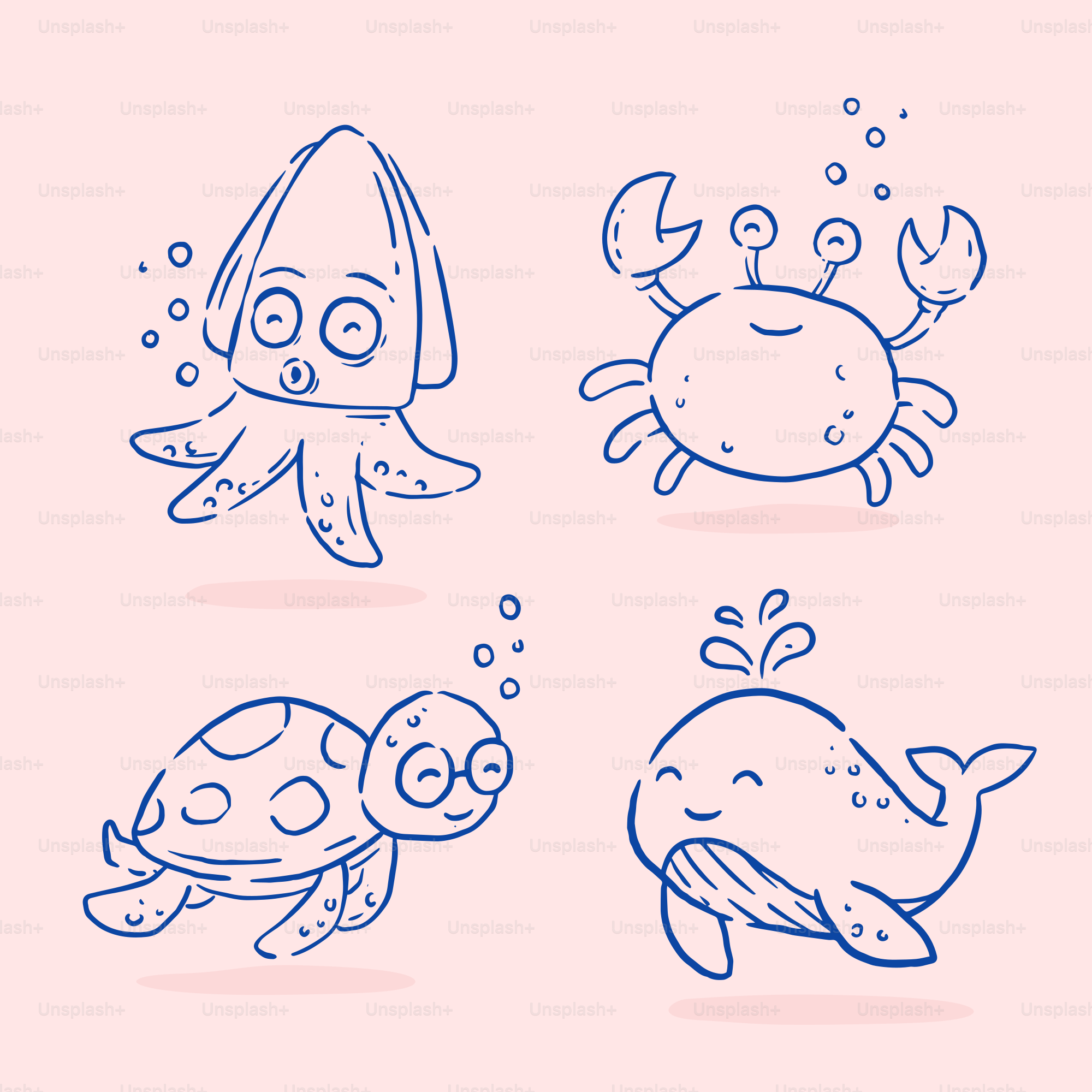 A Set Of Four Drawings Of Sea Animals Vector Illustration Image On