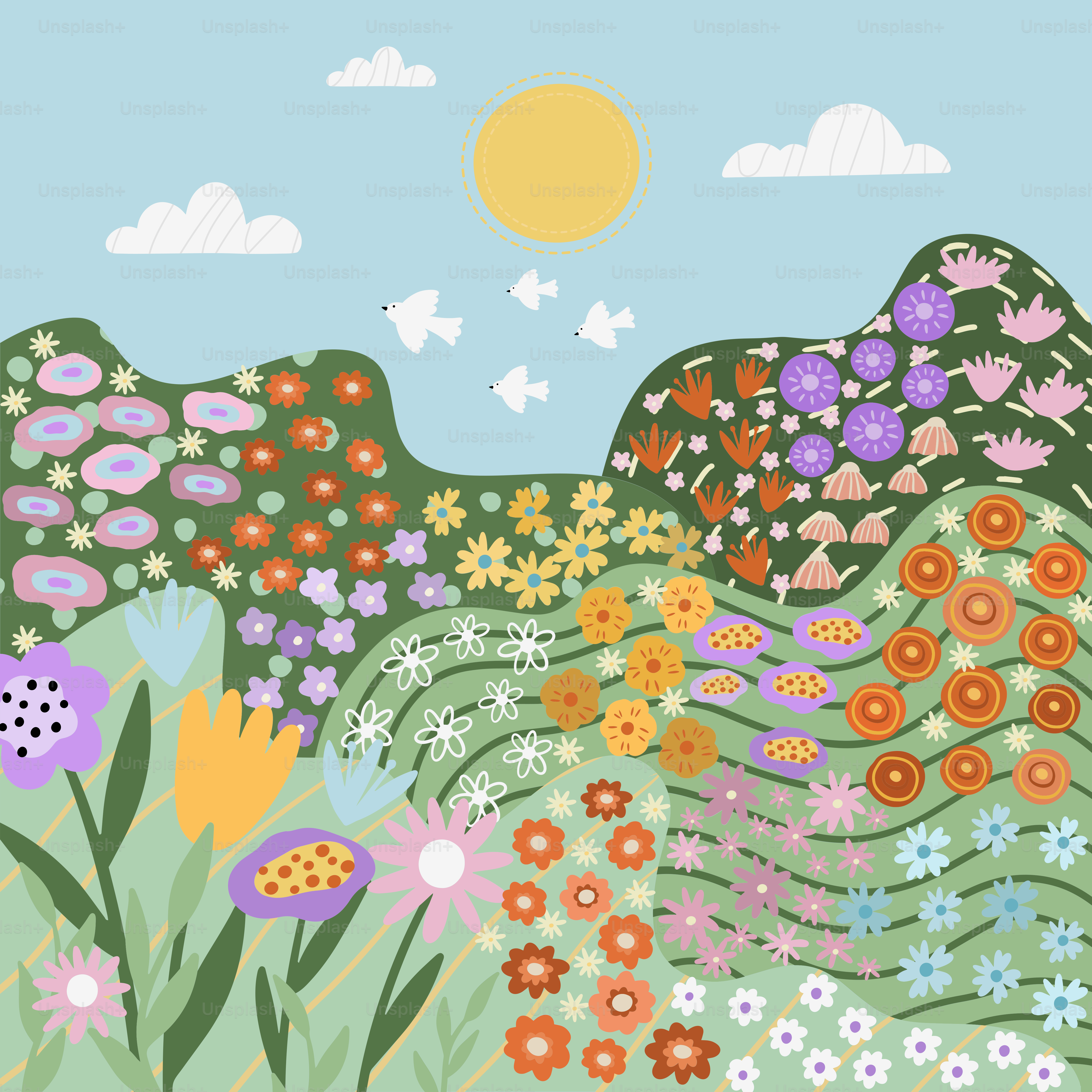 Un Cuadro De Un Campo De Flores Y Mariposas Vector Imagen De