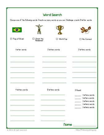 Brazil Word Search for Kids | PrimaryLearning.Org