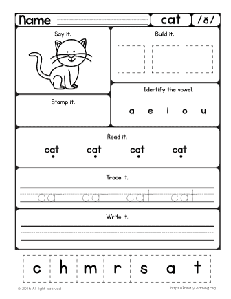 CAT Worksheet | Learn Short a Sound | PrimaryLearning.Org