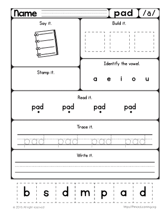 PAD Worksheet | Learn Short a Sound | PrimaryLearning.Org
