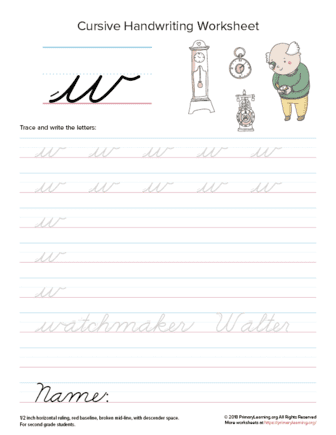 Lowercase Cursive W Worksheet | PrimaryLearning.Org