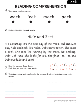 EEK Word Family Reading Comprehension | PrimaryLearning.Org