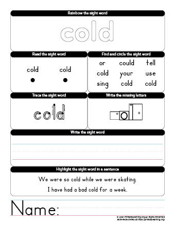 COLD Sight Word Worksheet | PrimaryLearning.Org
