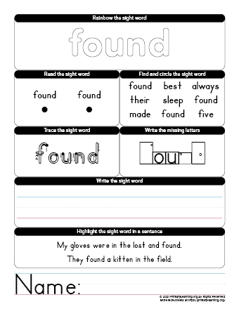 FOUND Sight Word Worksheet | PrimaryLearning.Org
