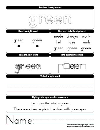 GREEN Sight Word Worksheet | PrimaryLearning.Org