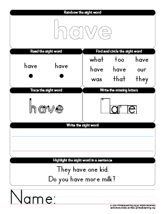 HAVE Sight Word Worksheet | PrimaryLearning.Org