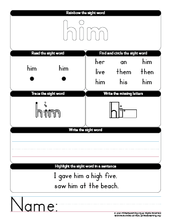 HIM Sight Word Worksheet | PrimaryLearning.Org