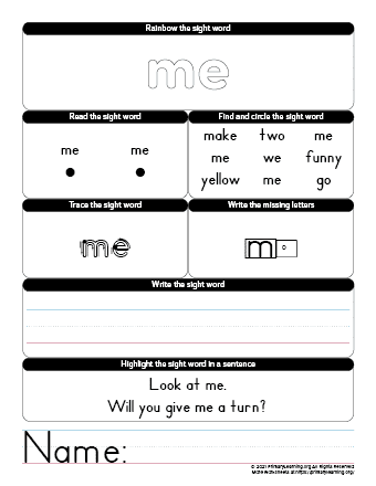 ME Sight Word Worksheet | PrimaryLearning.Org