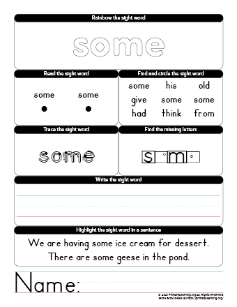 SOME Sight Word Worksheet | PrimaryLearning.Org