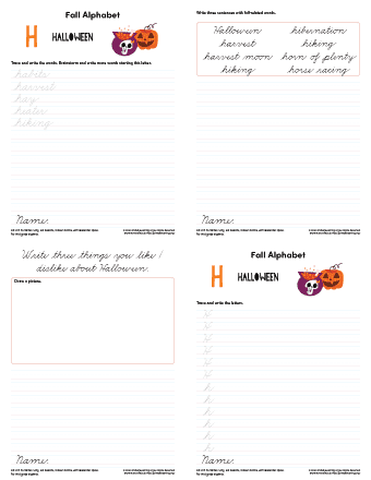 Fall Cursive Letter H Worksheet | PrimaryLearning.Org