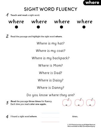 Sight Word WHERE Fluency | PrimaryLearning.Org