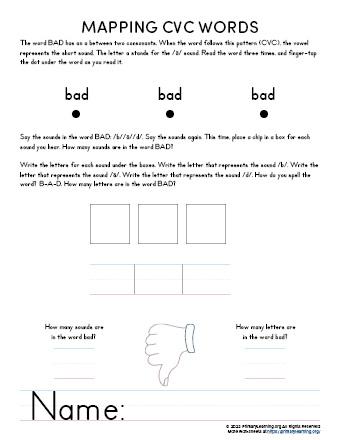 CVC Word Mapping - BAD Worksheet | PrimaryLearning.Org